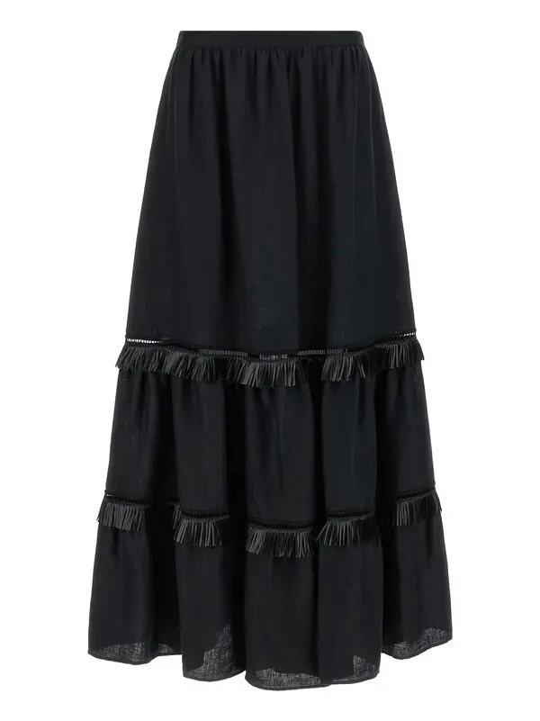 Kiton Fringed Linen Long Skirt - Black