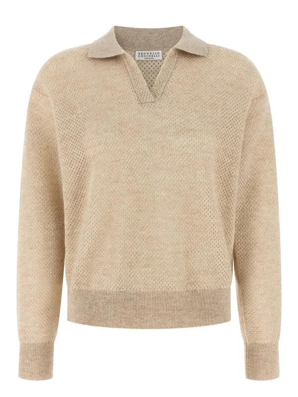 Brunello Cucinelli Waffle Knit Metallic Polo Shirt - Gold