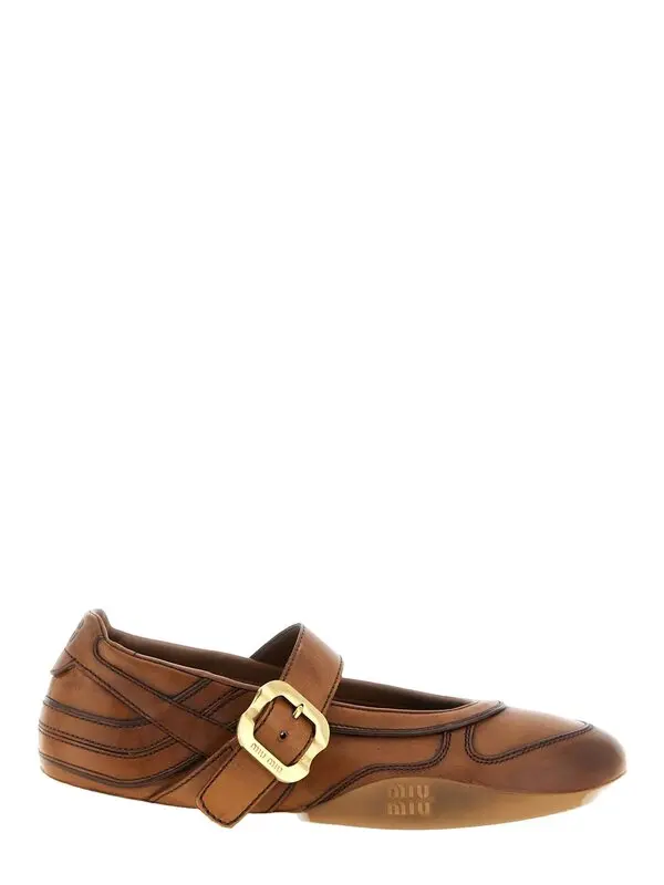Miu Miu Gymnasium Waxed Leather Ballet Flats - Brown