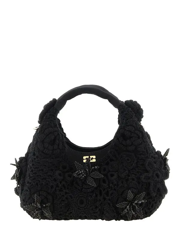 GANNI Mini Hobo Crochet Handbag - Black