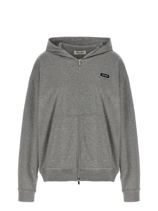 Miu Miu Cotton Mélange Logo Hoodie - Gray