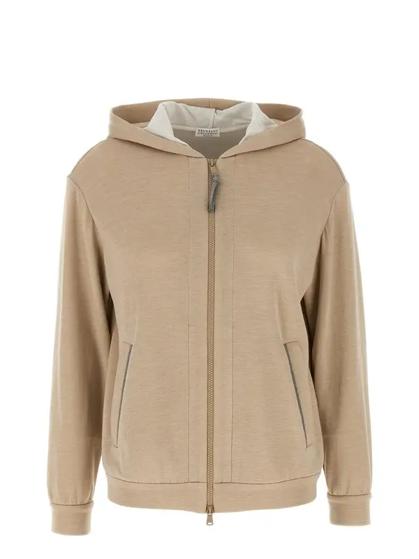 Brunello Cucinelli Monile-embellished Cotton And Silk Interlock Hoodie - Beige