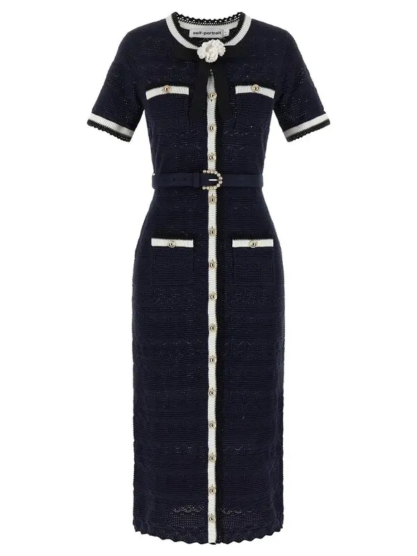 SELF-PORTRAIT Pointelle Knit Midi Dress - Blue