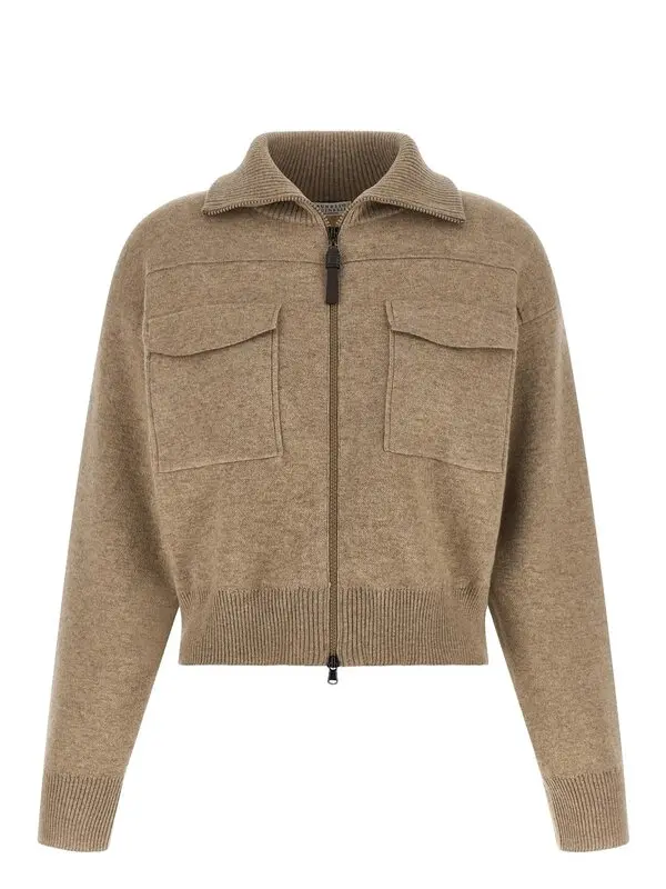 Brunello Cucinelli Shiny Zipper Pull' Wool Cardigan - Beige