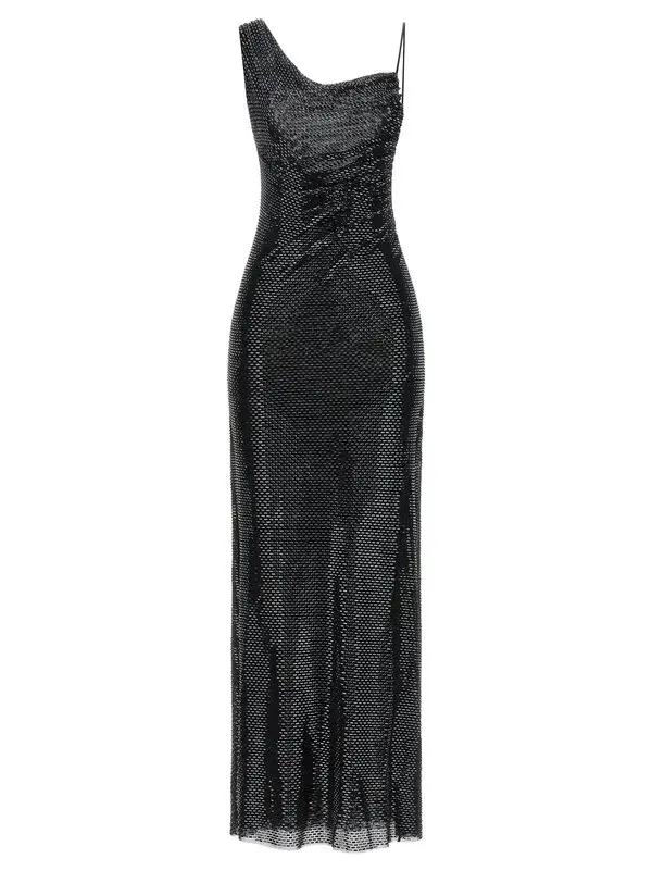 SELF-PORTRAIT Rhinestone Draped Maxi Dress - Black
