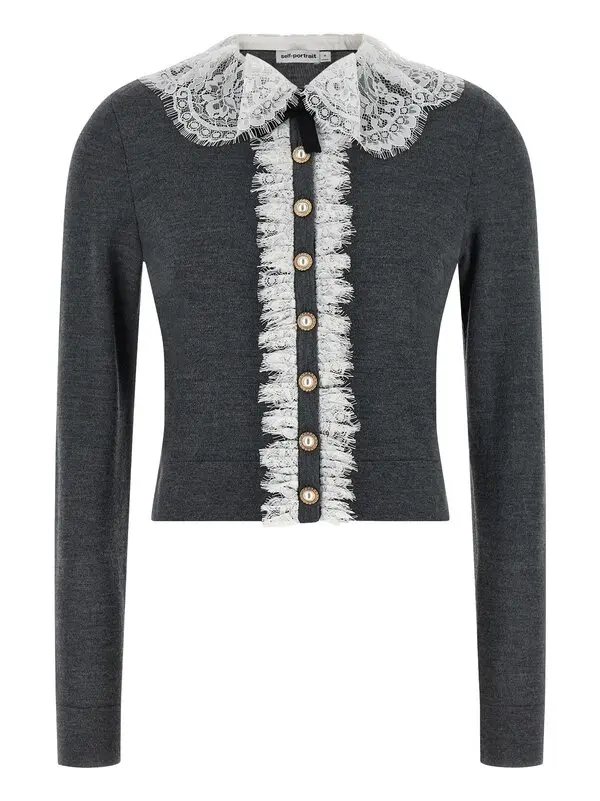 SELF-PORTRAIT Lace Collar Knit Cardigan - Gray