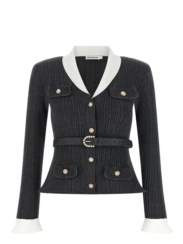 SELF-PORTRAIT Ribbed Cardigan - Gray