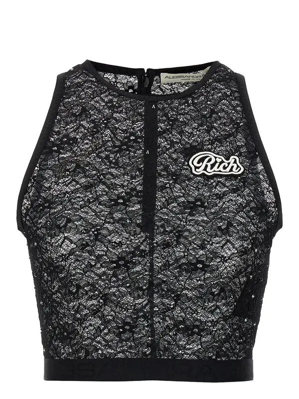 Alessandra Rich Rhinestone Lace Crop Top - Black