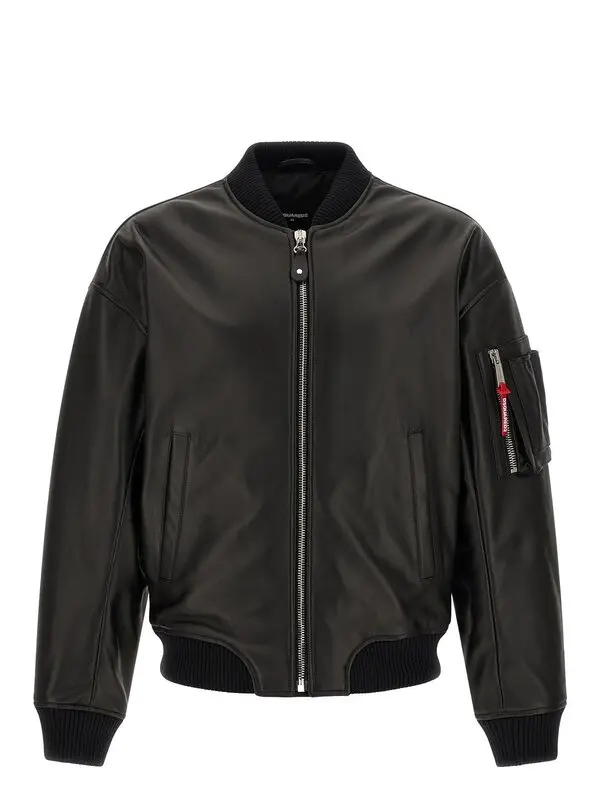 Dsquared2 Leather Bomber Jacket - Black