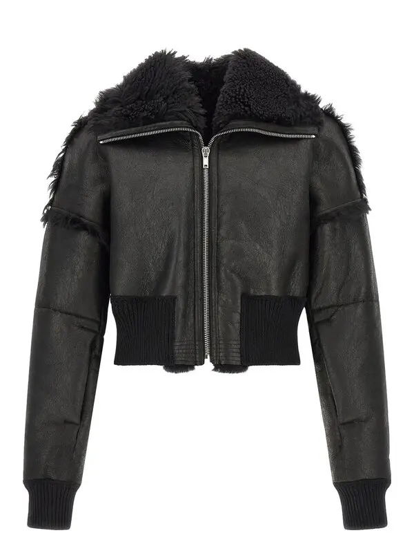 Rick Owens Cropped Matte Craquelé Effect Leather Bomber Jacket - Black