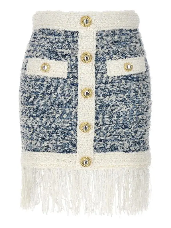 Balmain Fringed Tweed Skirt - Light Blue