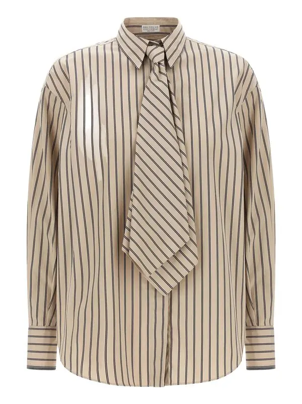 Brunello Cucinelli Striped Shirt With Integrated Tie - Beige