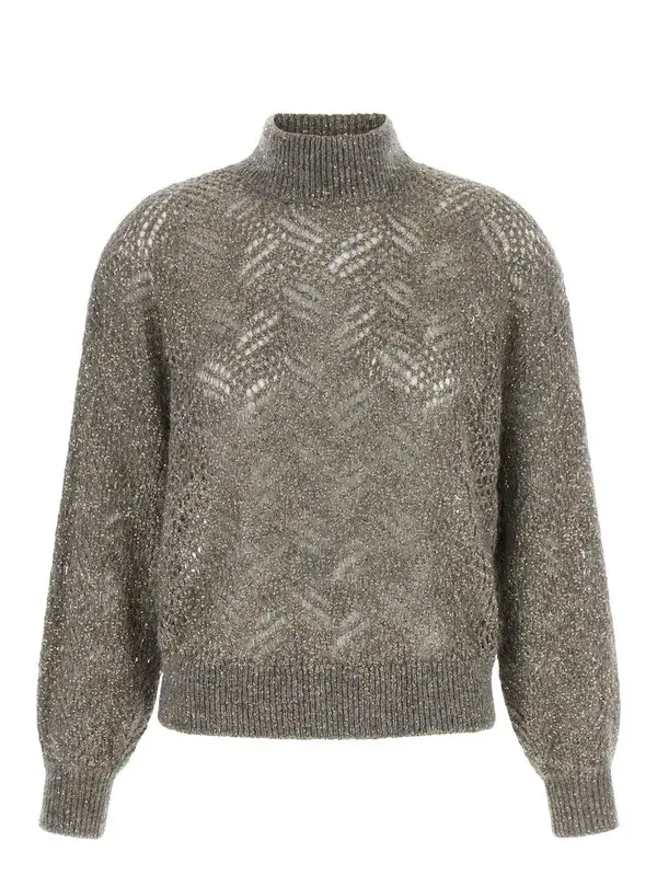 Brunello Cucinelli Dazzling Abstract Leaf Turtleneck Sweater - Gray