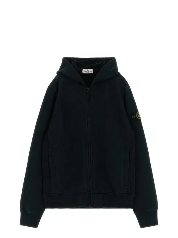 Stone Island Badge Logo Zip-up Hoodie - Black