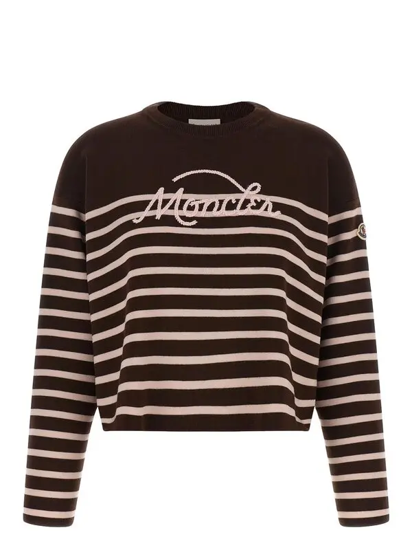 Moncler Striped Virgin Wool Sweater With Embroidery - Brown
