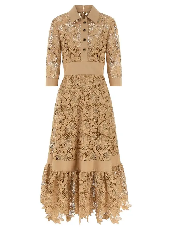 Elie Saab Floral Macramé Midi Dress - Beige