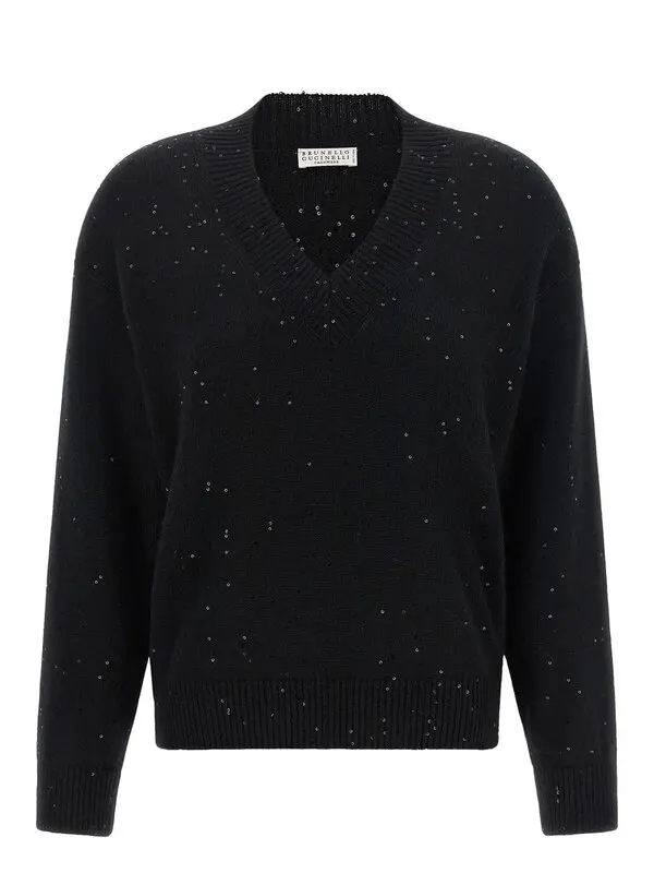 Brunello Cucinelli Diamante Sequined Cashmere And Silk Sweater - Black