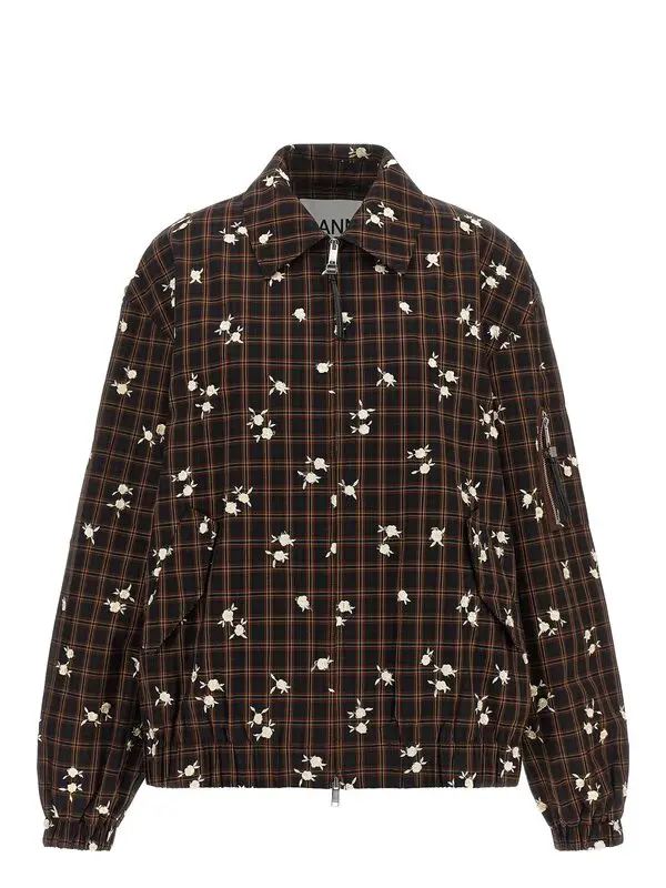 GANNI Check Flower Bomber Jacket - Brown