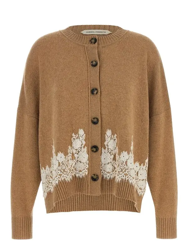 Alberta Ferretti Cashmere And Camel Fur Blend Cardigan With Lace Insert - Brown