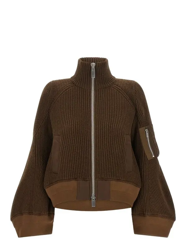 Sacai Nylon Twill And Wool Knit Blouson - Brown