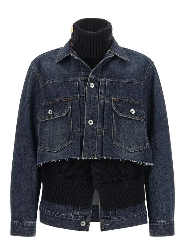Sacai Hybrid Denim And Wool Knit Jacket - Blue