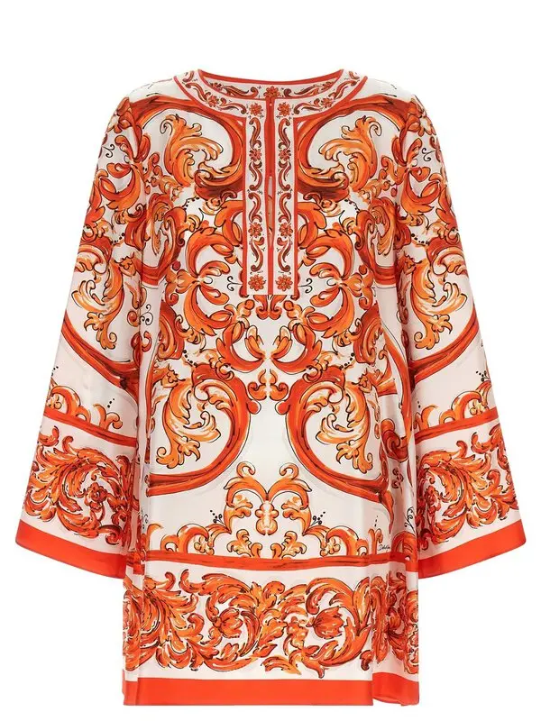 Dolce & Gabbana Maiolica Print Silk Twill Kaftan Mini Dress - Orange