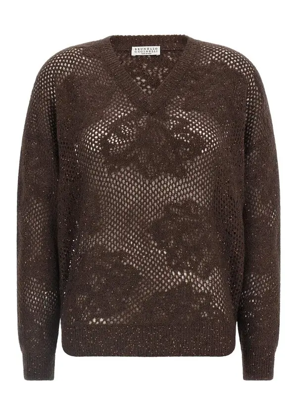 Brunello Cucinelli Flower Lace V-neck Sweater - Brown