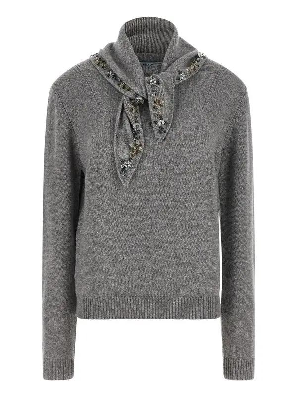 Prada Cashmere Jewel Bandana Pullover - Gray