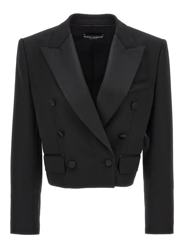 Dolce & Gabbana Wool Twill Tuxedo Crop Blazer - Black