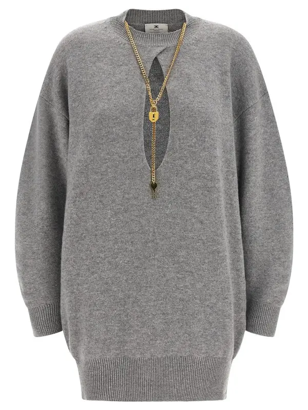 Elisabetta Franchi Cashmere Blend Chain Embellished Sweater Dress - Gray