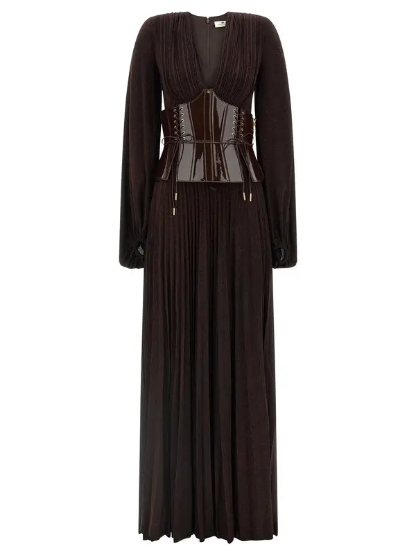 Elisabetta Franchi Lamé Gown With Corset Belt - Brown