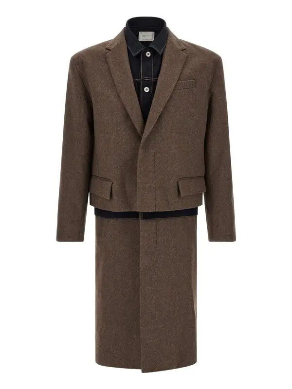 Sacai Wool Flannel And Denim Coat - Brown