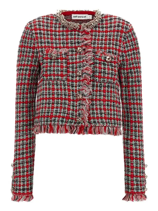 SELF-PORTRAIT Fringed Knit Jacket - Red