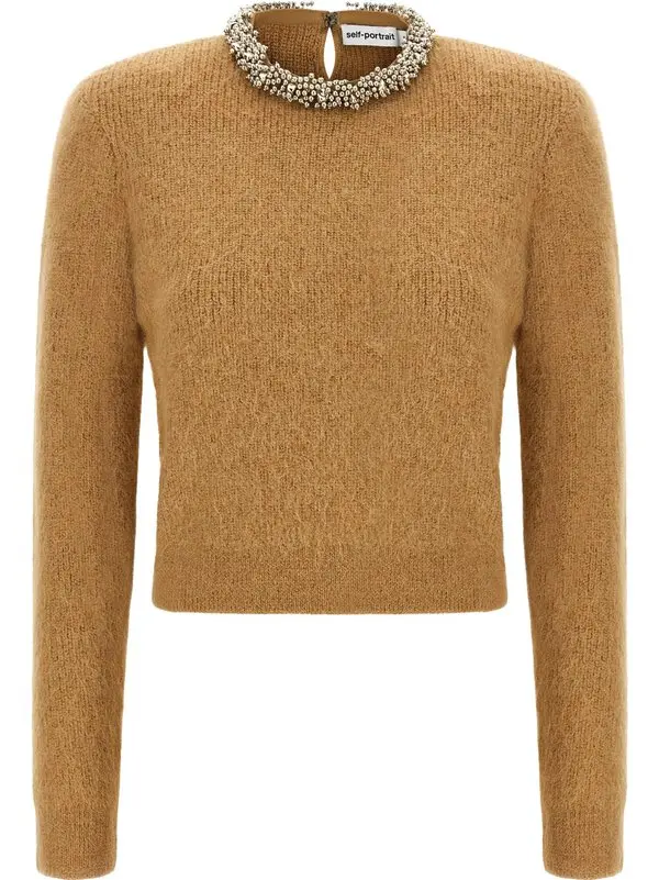 SELF-PORTRAIT Jewel-embellished Slim Fit Crewneck Sweater - Brown