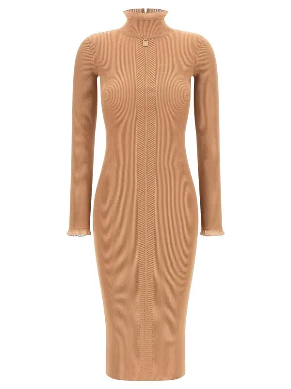 Elisabetta Franchi Ribbed Knit Midi Dress - Beige