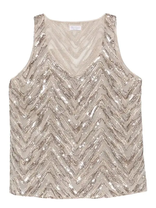 Brunello Cucinelli Silk Embroidered Sequined Top - Beige