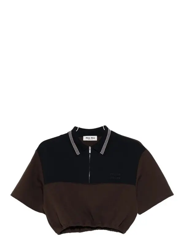 Miu Miu Cropped Short Sleeve Zip Up Collar Top - Brown
