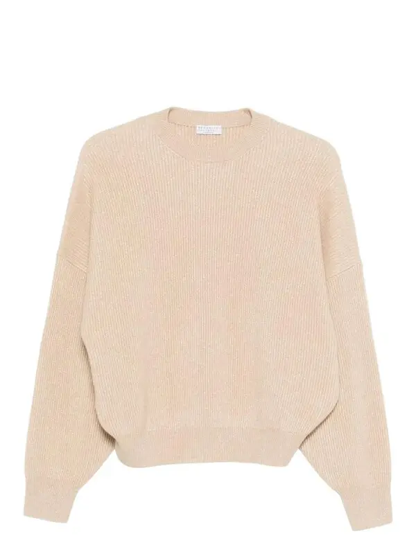 Brunello Cucinelli Metallic Ribbed Knit Crew Neck Sweater - Beige