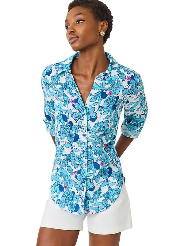 Lilly Pulitzer® Sea View Linen Button Down Shirt - Blue
