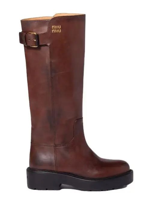 Miu Miu Logo Leather Boots - Brown