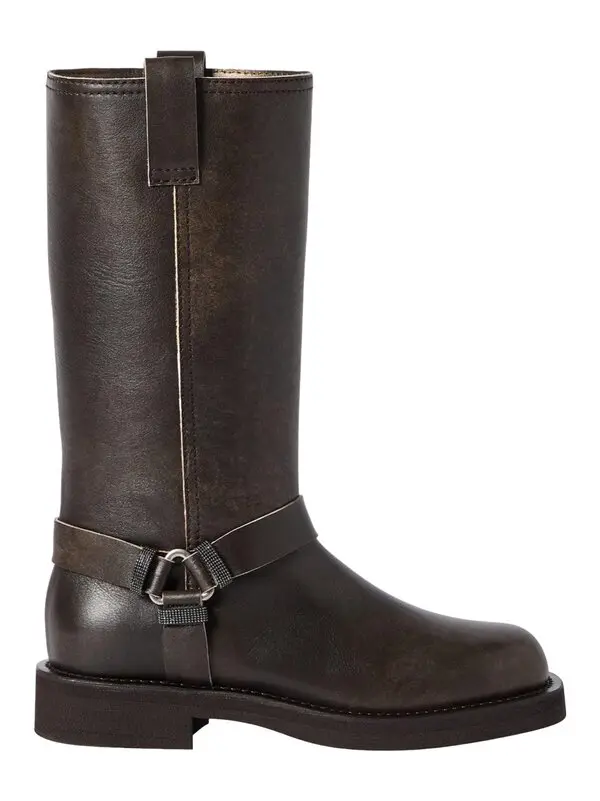 Brunello Cucinelli Leather Biker Boots With Shiny Loops - Rust-brown