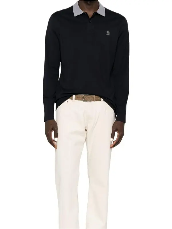 Brunello Cucinelli Logo Embroidered Long-sleeved Polo Shirt - Navy Blue