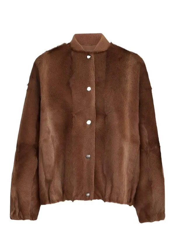 Brunello Cucinelli Cashmere Shearling Bomber Jacket With Monili - Mahogany