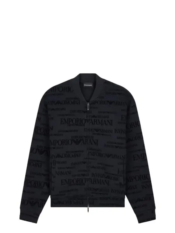 Emporio Armani Zip-up Sweatshirt In Double Jersey With All-over Flocked Logo - Black