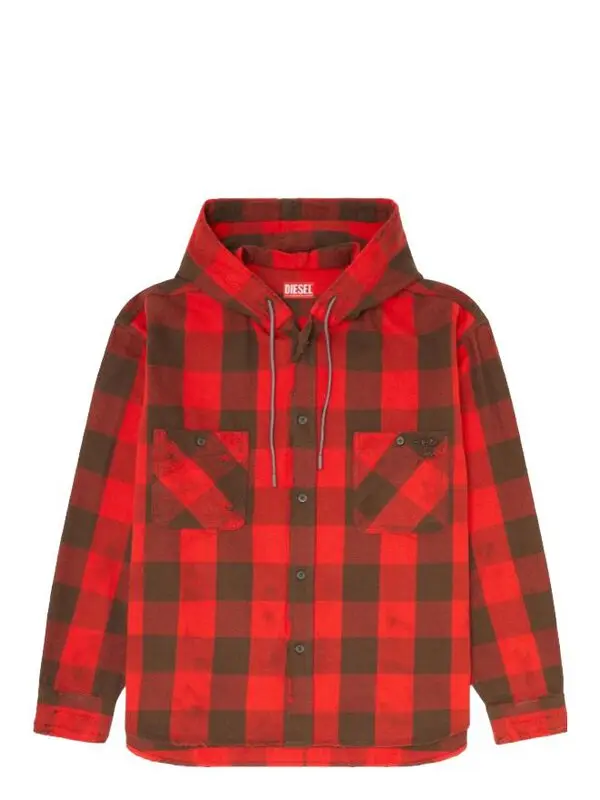 DIESEL® Distressed-hooded Shirt In Check Flannel - Reddish Brown
