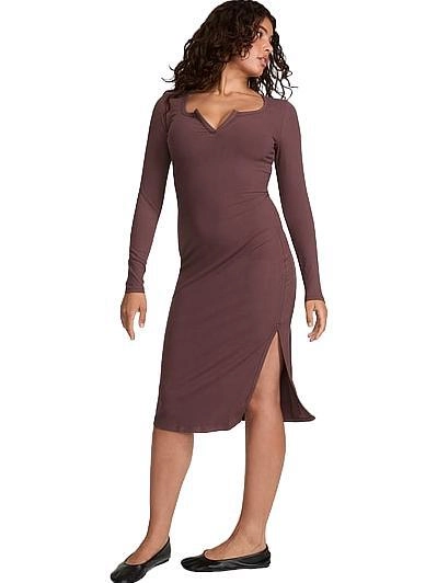 Pink All-day Soft Rib Long-sleeve Midi Dress - Brown