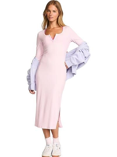 Pink All-day Soft Rib Long-sleeve Midi Dress - Pink
