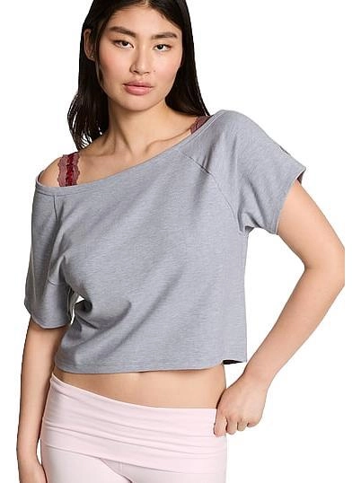 Pink Soft Modal Off-the-shoulder Boxy Tee - Grey