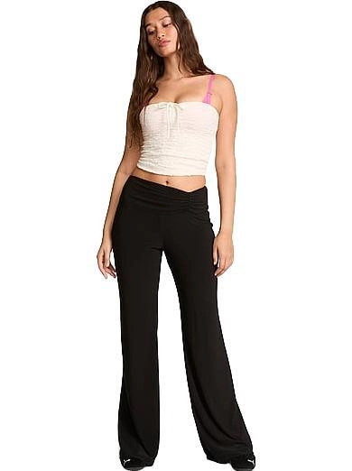 Pink Stretchy Knit Ruched Flare Pants - Black