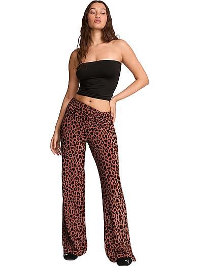 Pink Stretchy Knit Ruched Flare Pants - Print